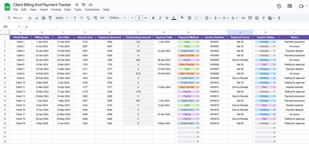 Client Billing and Payment Tracker in Google Sheets - Next Gen Templates