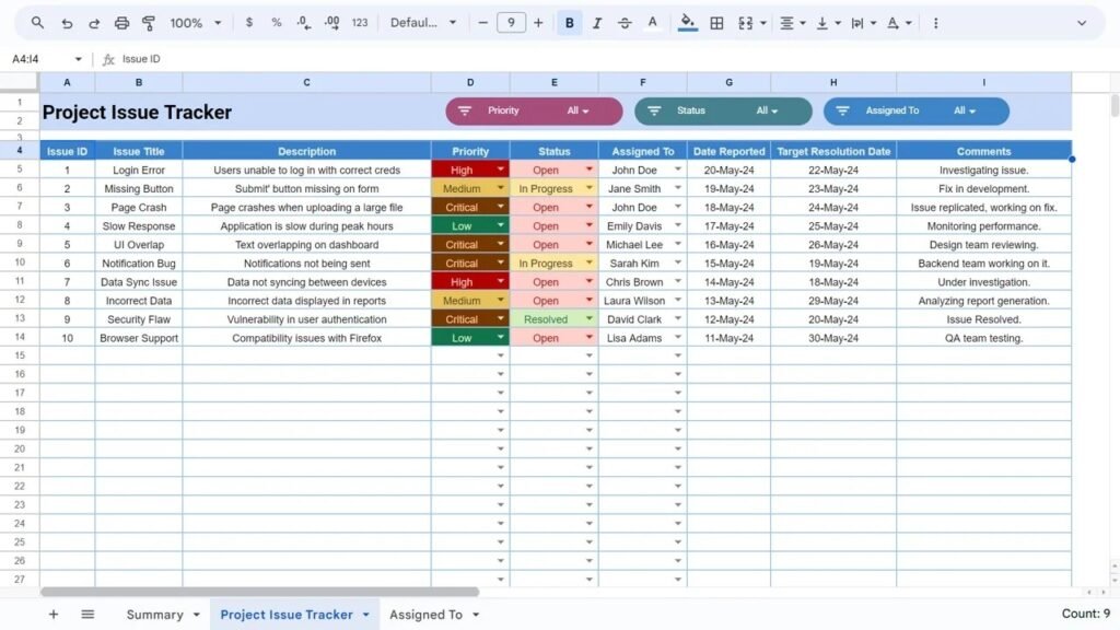 Project Management Issue Tracker In Google Sheets Next Gen Templates