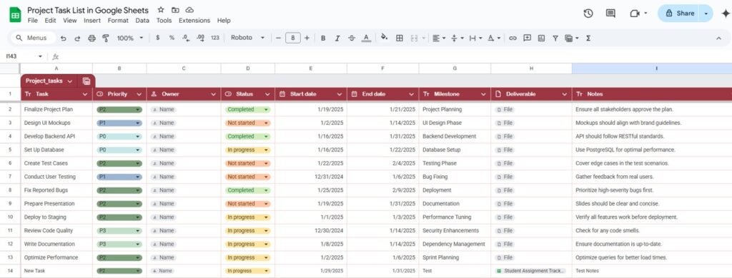 Project Task List in Google Sheets - Next Gen Templates