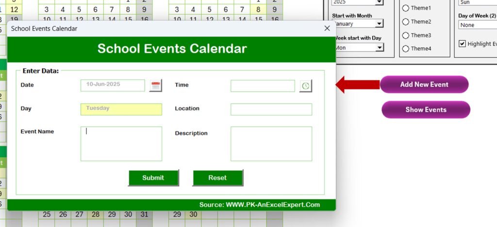 School Events Calendar in Excel - Next Gen Templates