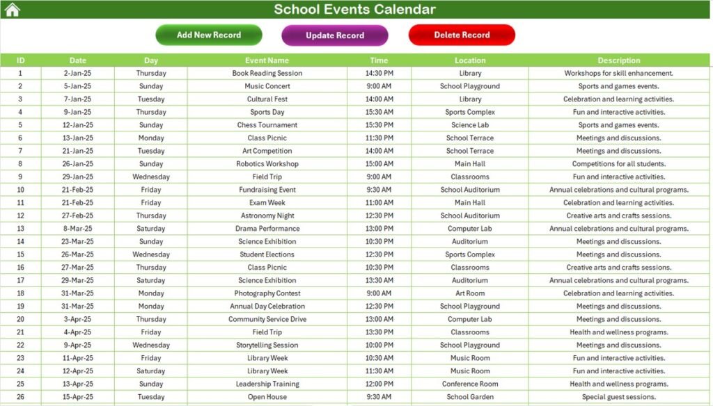 School Events Calendar in Excel - Next Gen Templates