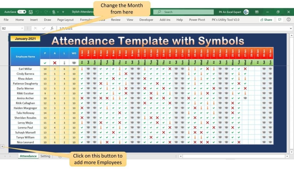 Stylish Attendance Tracker with Symbols in Excel - Next Gen Templates