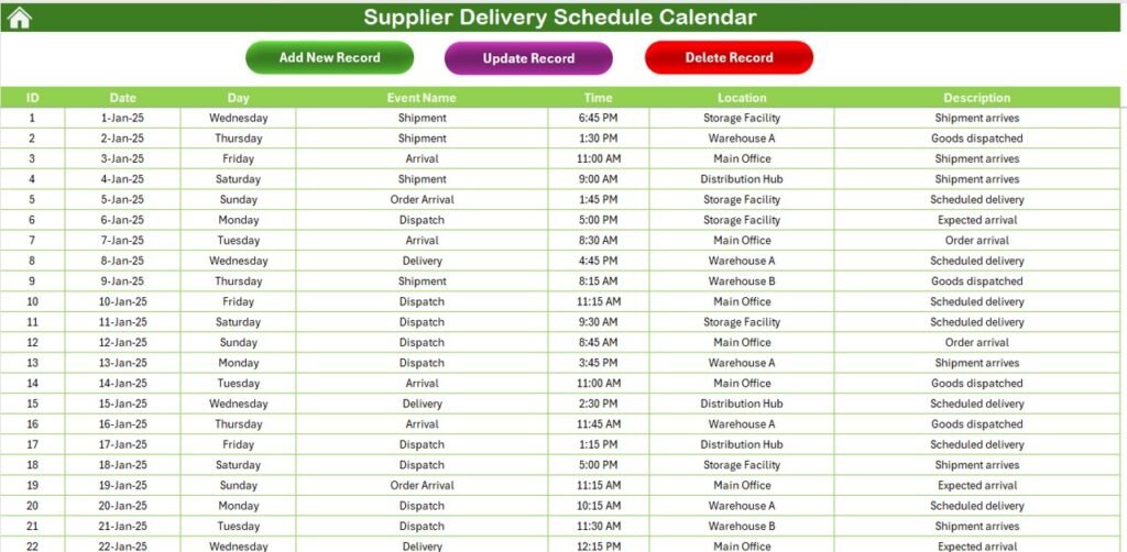 Supplier Delivery Schedule Calendar in Excel - Next Gen Templates