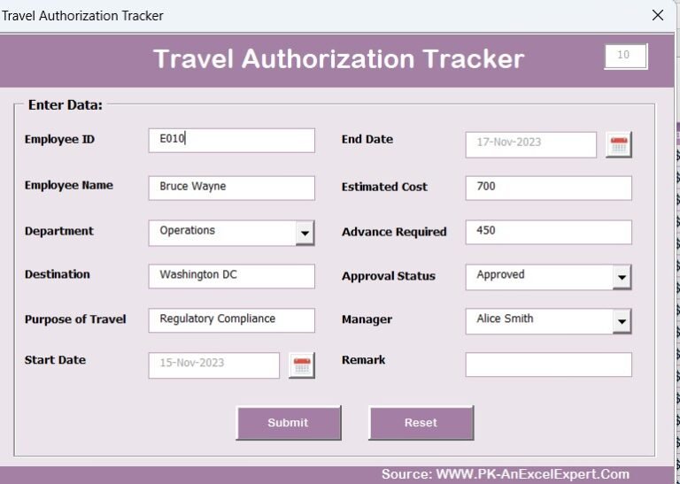 Travel Authorization Tracker in Excel - Next Gen Templates