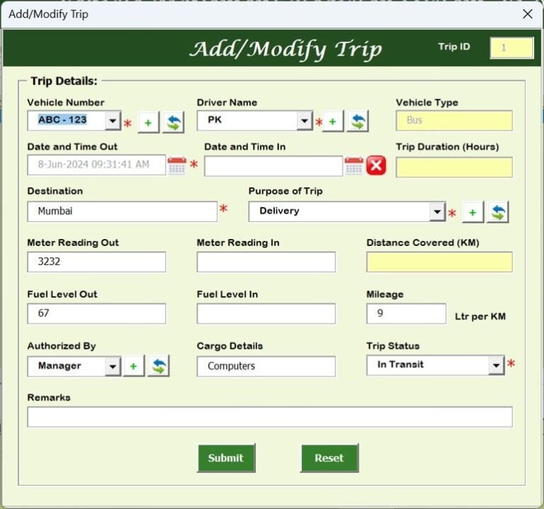 Vehicle Movement Register System V1.0 - Next Gen Templates