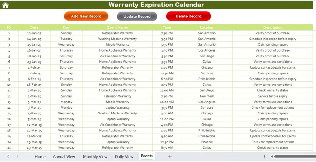 Warranty Expiration Calendar in Excel - Next Gen Templates