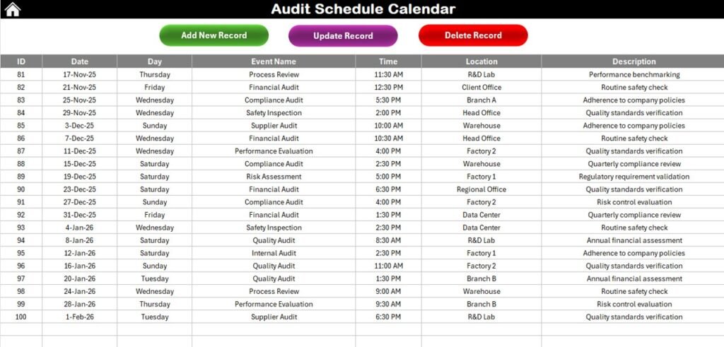 Audit Schedule Calendar in Excel - Next Gen Templates