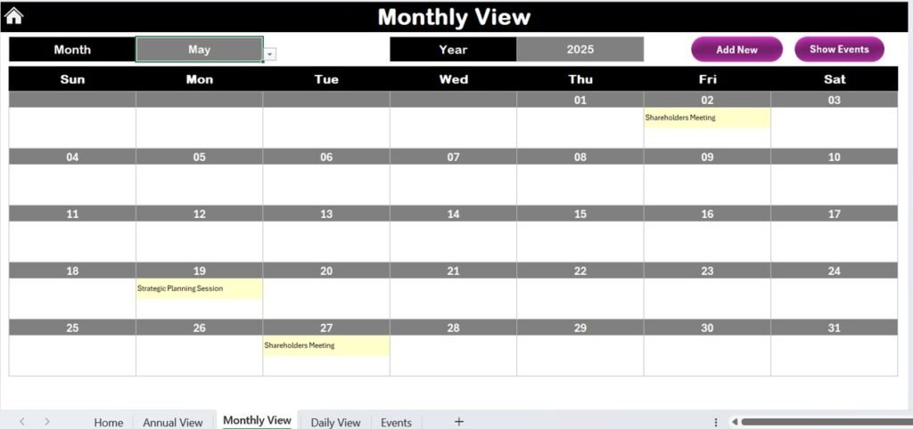 Board Meetings Calendar in Excel - Next Gen Templates