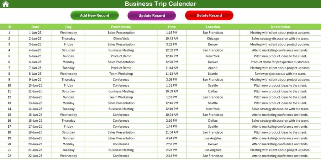 Business Trip Calendar in Excel - Next Gen Templates