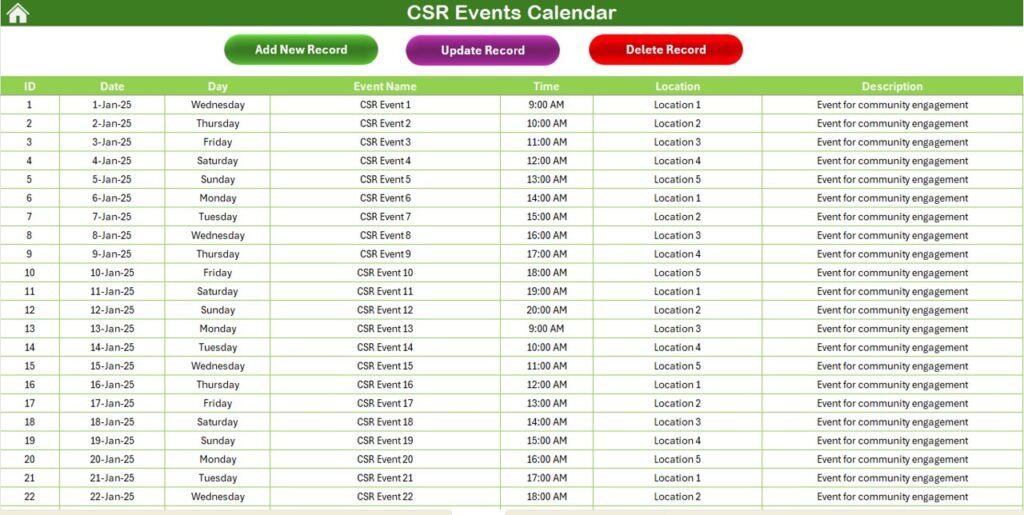 CSR Events Calendar in Excel - Next Gen Templates