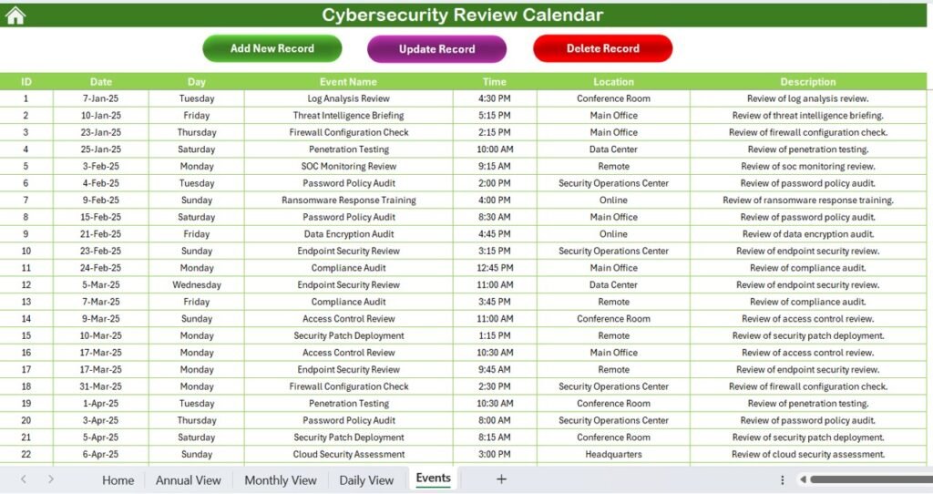 Cybersecurity Review Calendar in Excel - Next Gen Templates