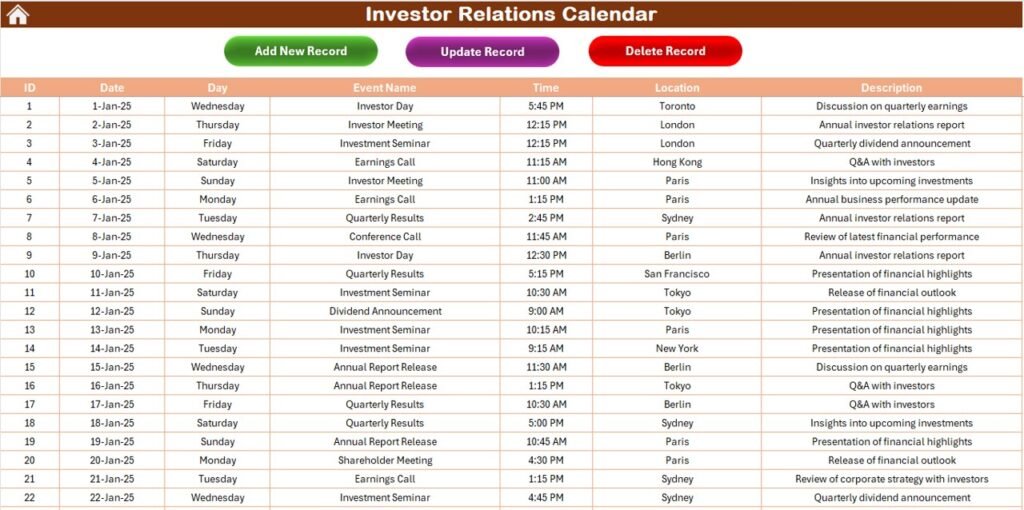 Investor Relations Calendar in Excel - Next Gen Templates