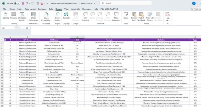 Media & Entertainment KPI Dashboard In Excel - Next Gen Templates