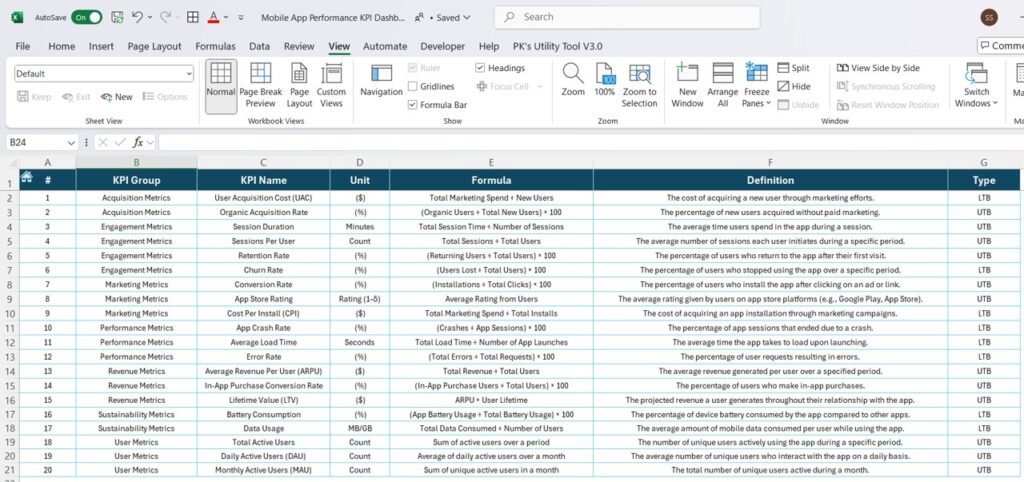 Mobile App Performance KPI Dashboard in Excel - Next Gen Templates
