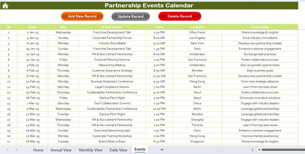 Partnership Events Calendar in Excel - Next Gen Templates
