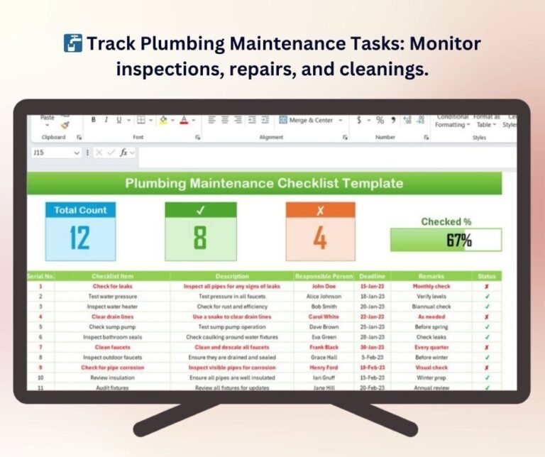 Plumbing Maintenance Checklist Template in Excel - Next Gen Templates