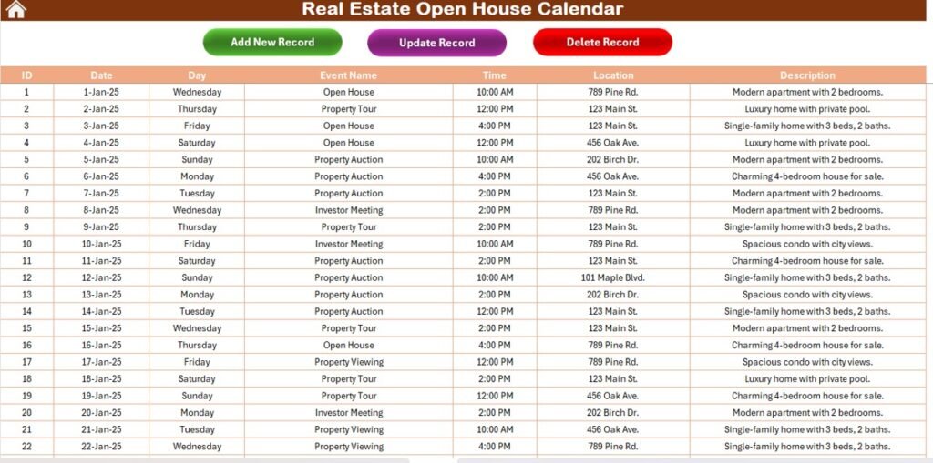 Real Estate Open House Calendar in Excel - Next Gen Templates