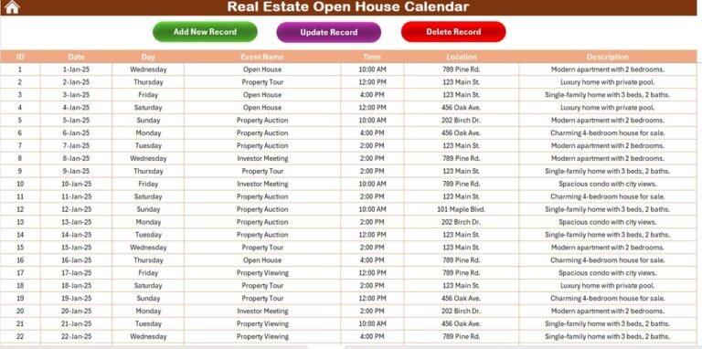 Real Estate Open House Calendar in Excel - Next Gen Templates