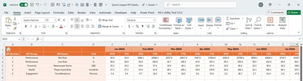 Sports League KPI Dashboard in Excel - Next Gen Templates