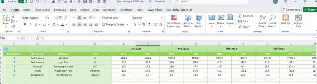 Sports League KPI Dashboard in Excel - Next Gen Templates