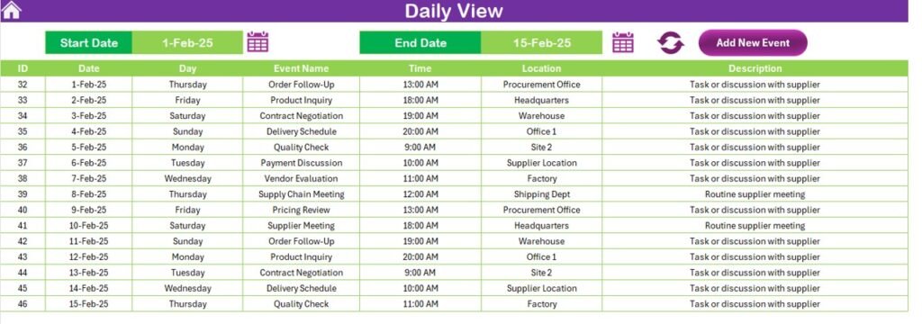 Supplier Contact Calendar in Excel - Next Gen Templates