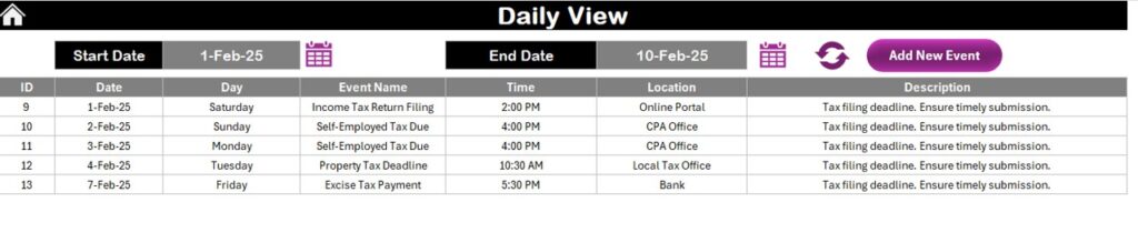 Tax Filing Calendar in Excel - Next Gen Templates