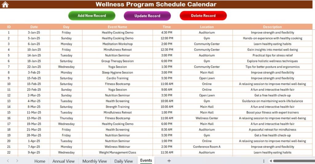 Wellness Program Schedule Calendar in Excel - Next Gen Templates