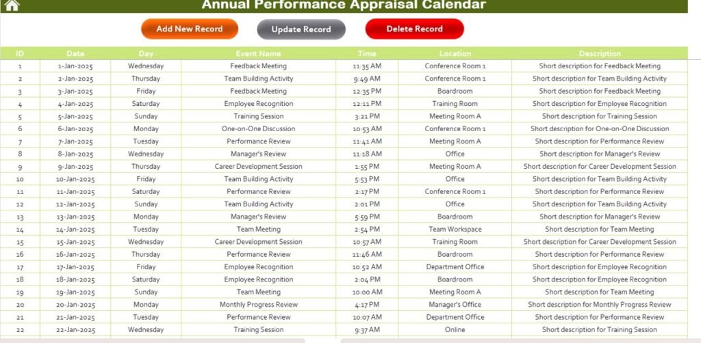 Annual Performance Appraisal Calendar in Excel - Next Gen Templates
