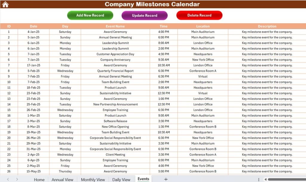Company Milestones Calendar in Excel - Next Gen Templates