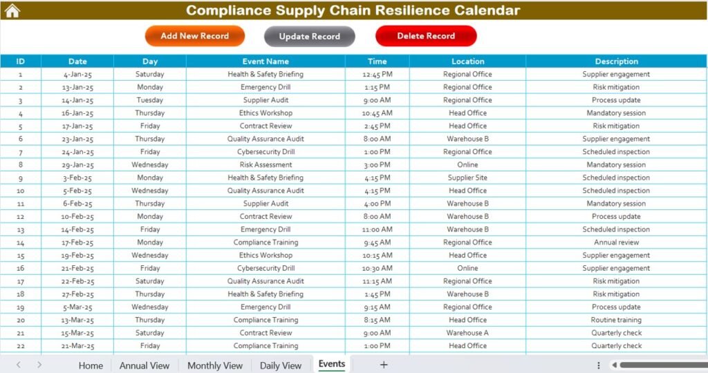 Compliance Supply Chain Resilience Calendar in Excel - Next Gen Templates