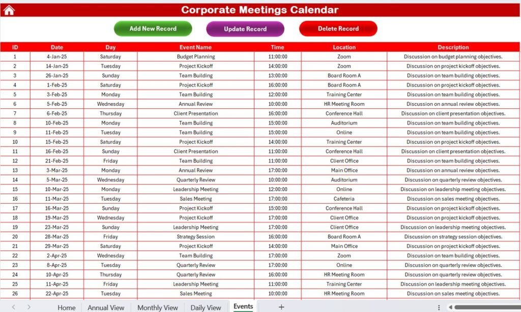 Corporate Meetings Calendar in Excel - Next Gen Templates