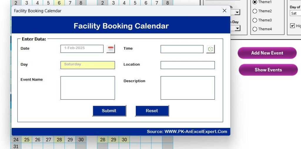 Facility Booking Calendar in Excel - Next Gen Templates
