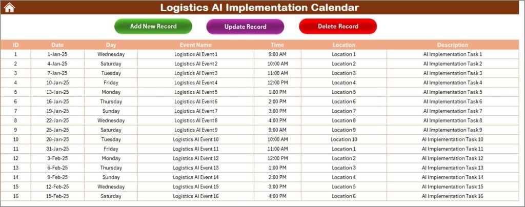 Logistics AI Implementation Calendar in Excel - Next Gen Templates