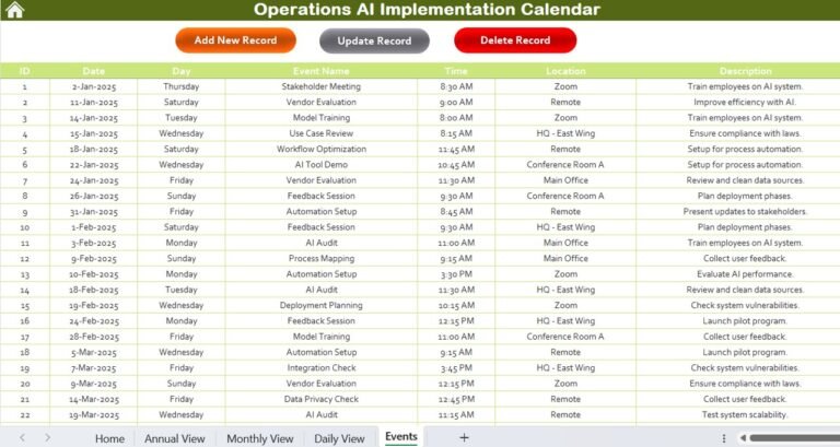 Operations AI Implementation Calendar in Excel - Next Gen Templates