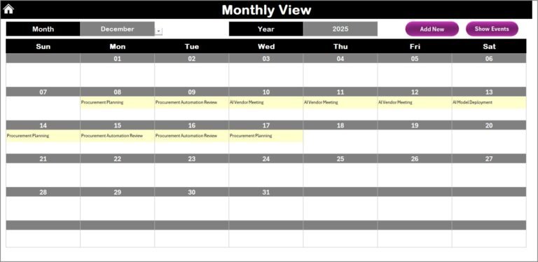 Procurement AI Implementation Calendar in Excel - Next Gen Templates