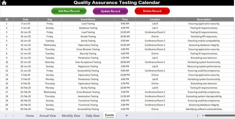 Quality Assurance Testing Calendar in Excel - Next Gen Templates