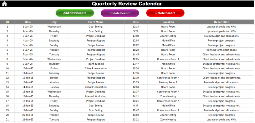 Quarterly Review Calendar in Excel - Next Gen Templates