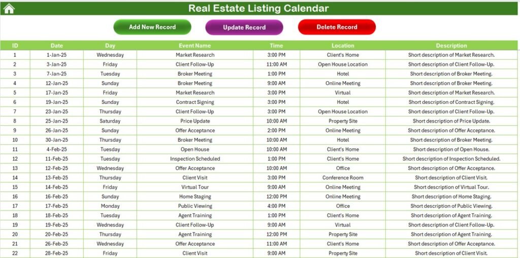 Real Estate Listing Calendar in Excel - Next Gen Templates