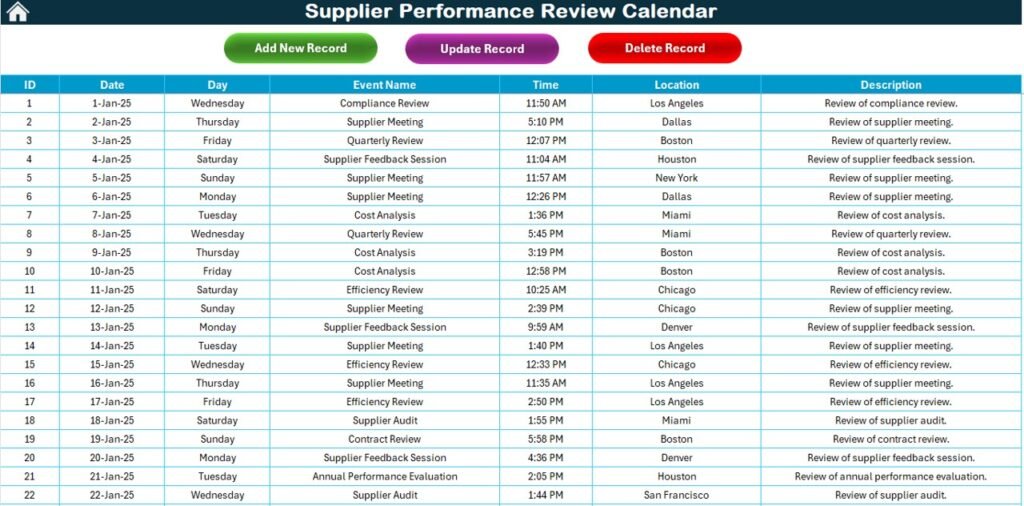 Supplier Performance Review Calendar in Excel - Next Gen Templates