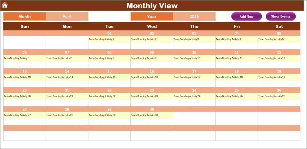 Team Bonding Activity Calendar in Excel - Next Gen Templates