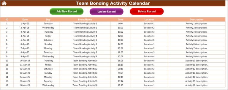 Team Bonding Activity Calendar in Excel - Next Gen Templates