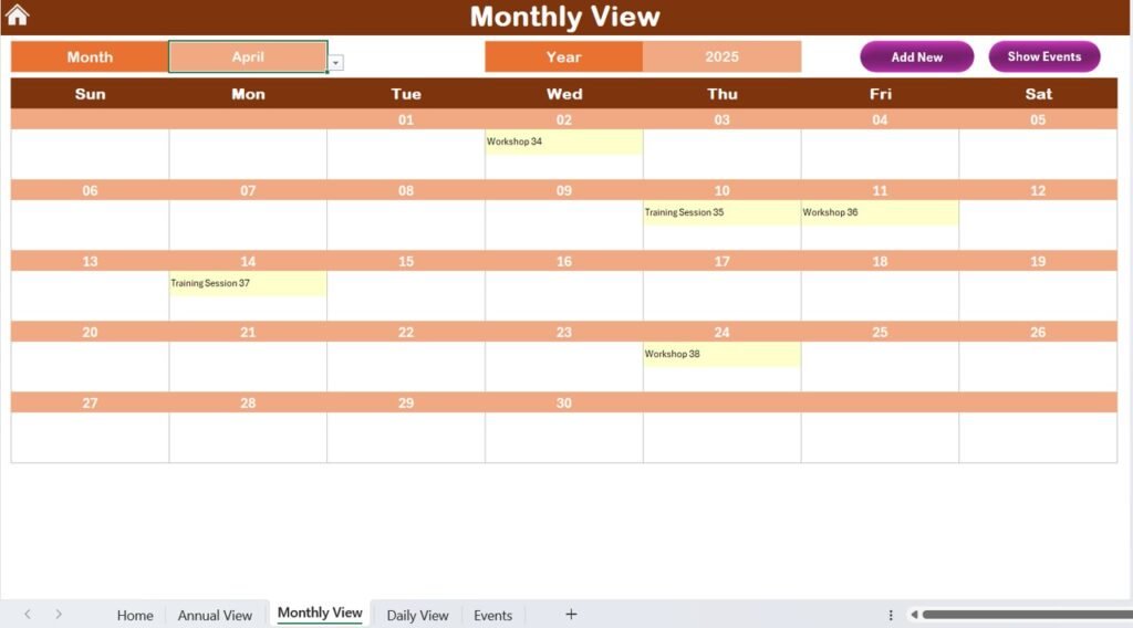 Training and Workshop Calendar in Excel - Next Gen Templates