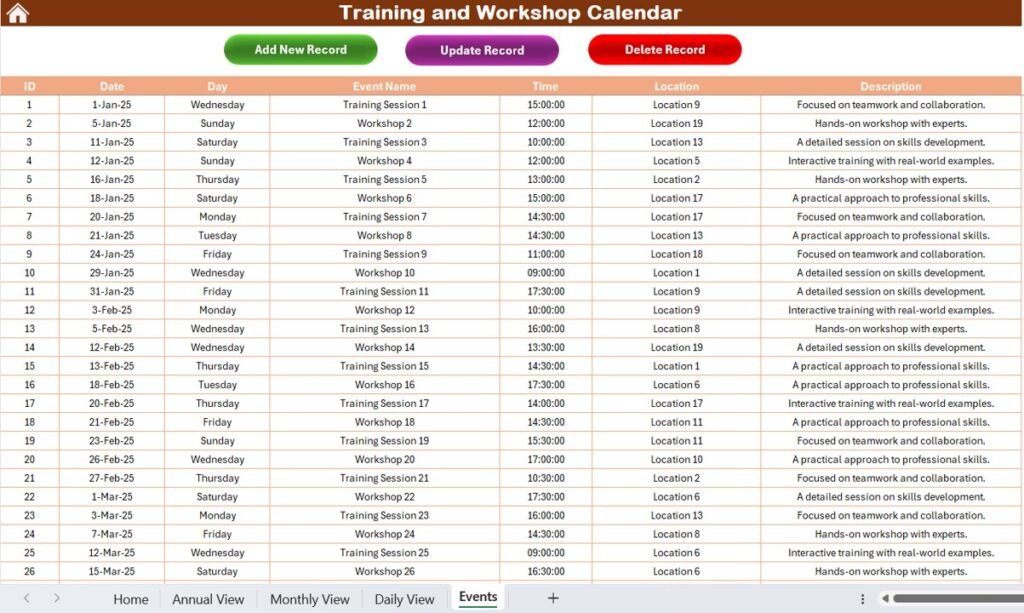 Training and Workshop Calendar in Excel - Next Gen Templates