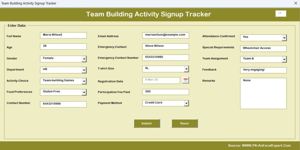Team Building Activity Signup Tracker in Excel - Next Gen Templates