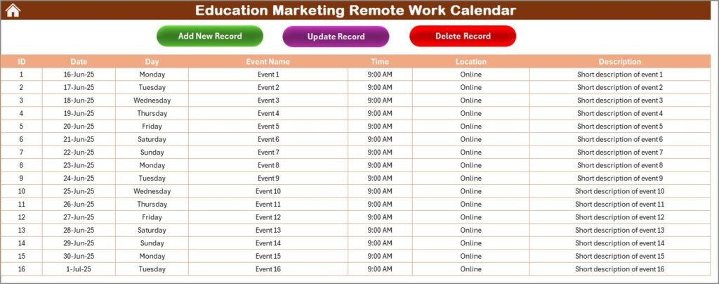 Education Marketing Remote Work Calendar in Excel - Next Gen Templates