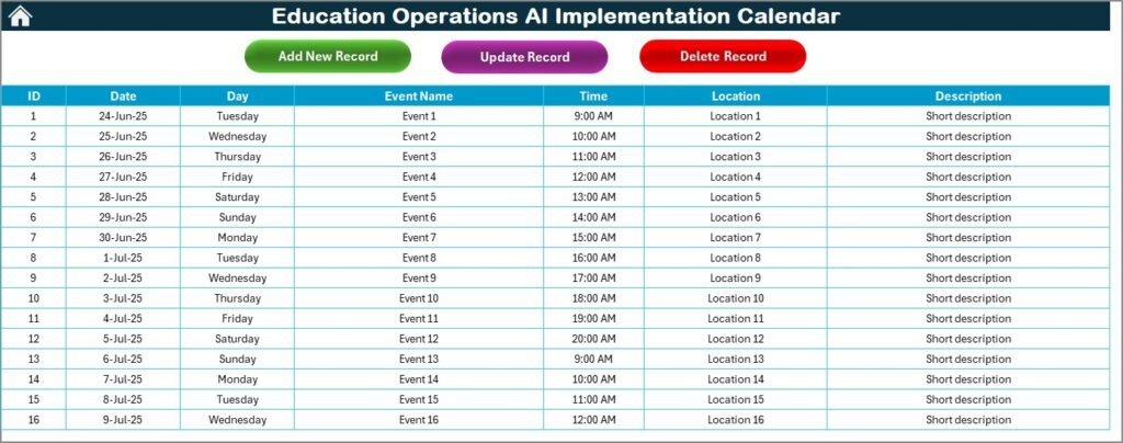 Education Operations AI Implementation Calendar in Excel - Next Gen ...