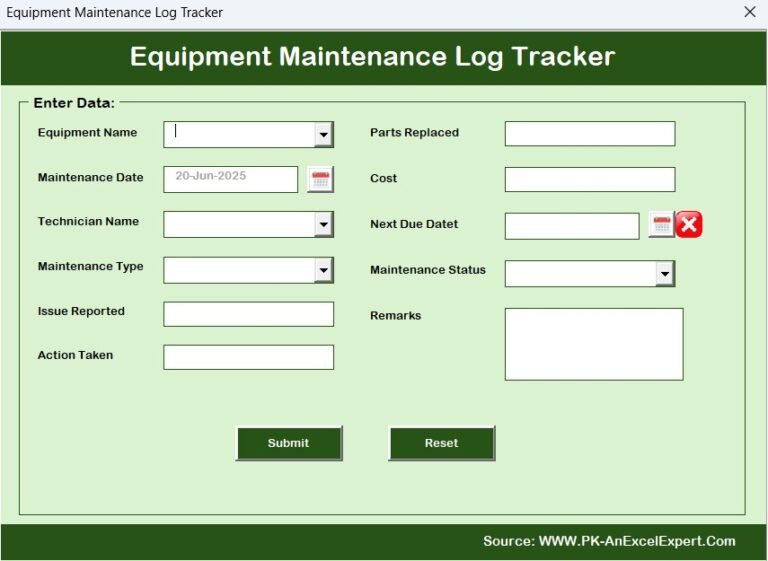 Equipment Maintenance Log Tracker in Excel - Next Gen Templates