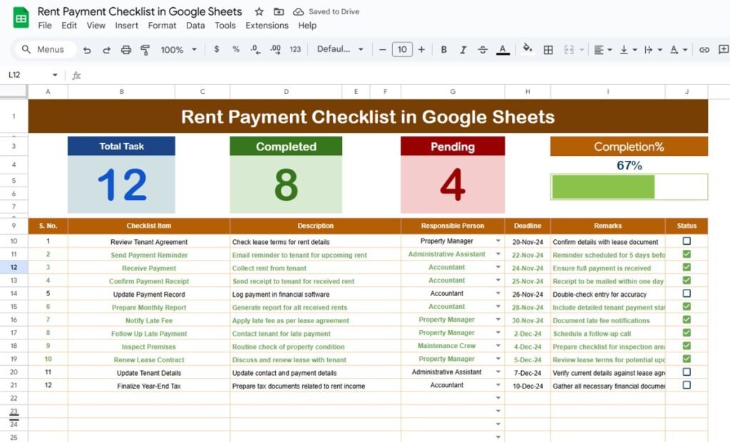 Rent Payment Checklist in Google Sheets - Next Gen Templates