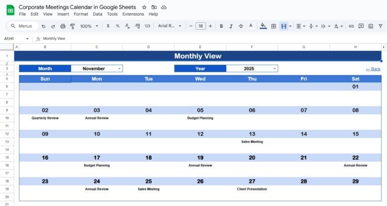 Corporate Meetings Calendar in Google Sheets - Next Gen Templates