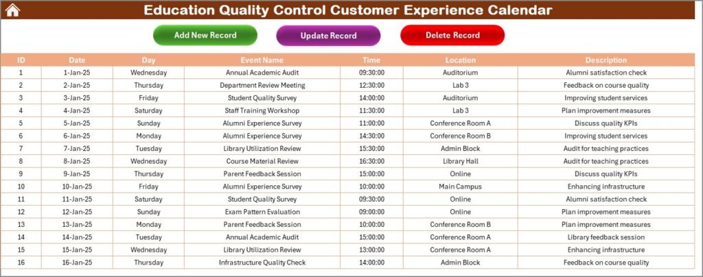 Education Quality Control Customer Experience Calendar in Excel - Next ...